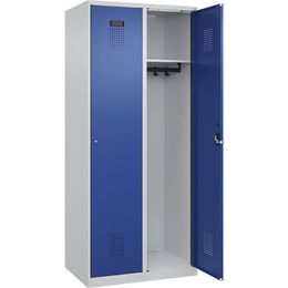 C+P Spind Evolo PLUS, 2 Abteile, lichtgrau / enzianblau, B 800 mm, mit Bodengleitern, Zylinderschloss