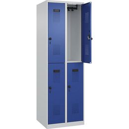C+P Doppelstock-Spind Evolo PLUS, 2 Abteile, lichtgrau / enzianblau, B 600 mm, mit Bodengleitern, Drehriegel