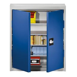 eurokraft pro Materialschrank aus Stahlblech, Höhe 780 mm, lichtgrau RAL 7035 / enzianblau RAL 5010, 4 Böden