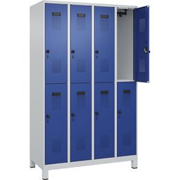 C+P Doppelstock-Spind Evolo PLUS, 4 Abteile, lichtgrau / enzianblau, B 1200 mm, mit breiten F&uuml;&szlig;en, Drehriegel