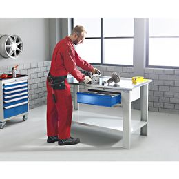 eurokraft basic Werkbank, Baukastensystem, H&ouml;he 850 mm, Stahlblech-Arbeitsplatte, BxT 1500 x 700 mm