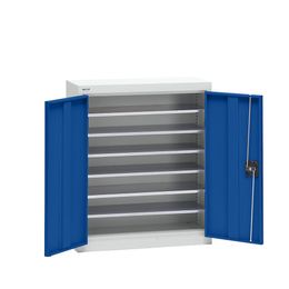 eurokraft pro Materialschrank aus Stahlblech, H&ouml;he 780 mm, lichtgrau RAL 7035 / enzianblau RAL 5010, 6 B&ouml;den