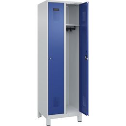 C+P Spind Evolo PLUS, 2 Abteile, lichtgrau / enzianblau, B 600 mm, mit breiten F&uuml;&szlig;en, Zylinderschloss