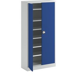 eurokraft pro Fl&uuml;gelt&uuml;rschrank aus Stahlblech, HxBxT 1950 x 950 x 400 mm, 6 Fachb&ouml;den, lichtgrau RAL 7035 / enzianblau RAL 5010