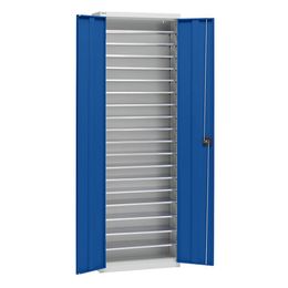 eurokraft pro Materialschrank aus Stahlblech, H&ouml;he 2000 mm, lichtgrau RAL 7035 / enzianblau RAL 5010, 18 B&ouml;den