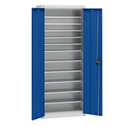 eurokraft pro Materialschrank aus Stahlblech, H&ouml;he 1575 mm, lichtgrau RAL 7035 / enzianblau RAL 5010, 11 B&ouml;den