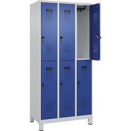 C+P Doppelstock-Spind Evolo PLUS, 3 Abteile, lichtgrau / enzianblau, B 900 mm, mit breiten F&uuml;&szlig;en, Drehriegel