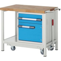 eurokraft pro Fahr- und absenkbare Werkbank, Gestellbauweise Serie 8000, 1 Schublade, 1 Tür, Ablageboden, BxT 1000 x 700 mm