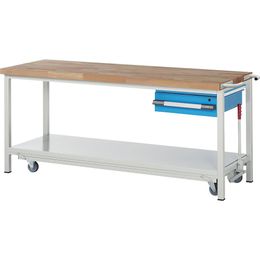 eurokraft pro Fahr- und absenkbare Werkbank, Gestellbauweise Serie 8000, 1 Hängeschublade, Ablageboden, BxT 2000 x 700 mm