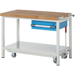 eurokraft pro Fahr- und absenkbare Werkbank, Gestellbauweise Serie 8000, 1 Hängeschublade, Ablageboden, BxT 1250 x 700 mm