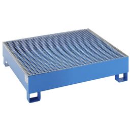 eurokraft basic Stahl-Auffangwanne für 200-l-Fässer, LxBxH 1200 x 1200 x 285 mm, mit Zulassung, blau pulverbeschichtet, mit Gitterrost