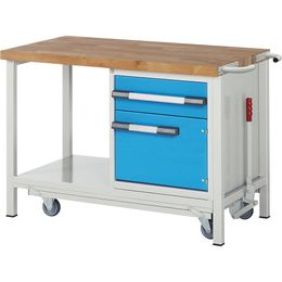 eurokraft pro Fahr- und absenkbare Werkbank, Gestellbauweise Serie 8000, 1 Schublade, 1 Tür, Ablageboden, BxT 1250 x 700 mm