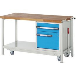 eurokraft pro Fahr- und absenkbare Werkbank, Gestellbauweise Serie 8000, 1 Schublade, 1 Tür, Ablageboden, BxT 1500 x 700 mm