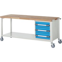 eurokraft pro Fahrbare Werkbank Serie 8000, Gestellbauweise, 3 Schubladen, Ablageboden, BxT 2000 x 700 mm