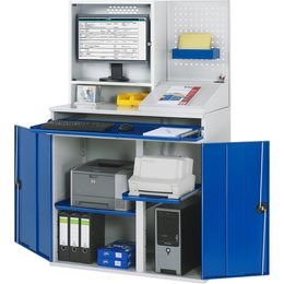 Rau Computer-Arbeitsstation, Monitorgehäuse, 2 Ausziehböden, Breite 1100 mm, lichtgRau / enzianblau