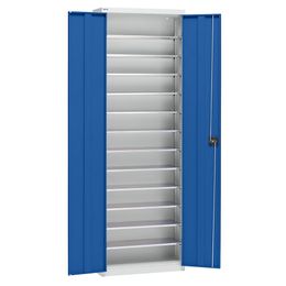eurokraft pro Materialschrank aus Stahlblech, H&ouml;he 2000 mm, lichtgrau RAL 7035 / enzianblau RAL 5010, 12 B&ouml;den