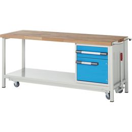 eurokraft pro Fahr- und absenkbare Werkbank, Gestellbauweise Serie 8000, 1 Schublade, 1 Tür, Ablageboden, BxT 2000 x 700 mm