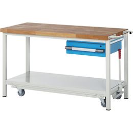 eurokraft pro Fahr- und absenkbare Werkbank, Gestellbauweise Serie 8000, 1 Hängeschublade, Ablageboden, BxT 1500 x 700 mm