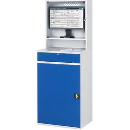 Rau Computer-Arbeitsstation, Monitorgehäuse, 1 Ausziehboden, Breite 650 mm, lichtgRau / enzianblau