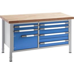 eurokraft pro Höhenverstellbare Werkbank, Gestellbauweise, Breite 1500 mm, 6 Schubladen, 1 Tür, grau / blau