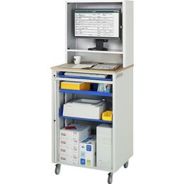 Rau Computer-Arbeitsplatz, HxBxT 1810 x 720 x 660 mm, mit Monitorgeh&auml;use, fahrbar, lichtgRau / enzianblau