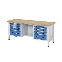 eurokraft pro Werkbank, Gestellbauweise, Breite 2000 mm, 8 Schubladen, Buche massiv