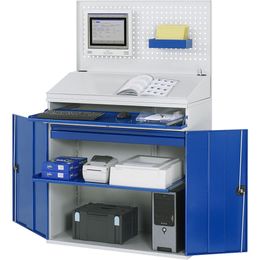 Rau Computer-Arbeitsstation, Lochwand, Schreibpult, Ausziehboden, Schublade, Breite 1100 mm, lichtgRau / enzianblau