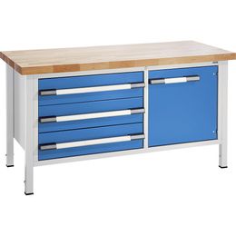 eurokraft pro Höhenverstellbare Werkbank, Gestellbauweise, Breite 1500 mm, 3 Schubladen 180 mm, 1 Tür, grau / blau