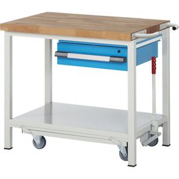 eurokraft pro Fahr- und absenkbare Werkbank, Gestellbauweise Serie 8000, 1 Hängeschublade, Ablageboden, BxT 1000 x 700 mm