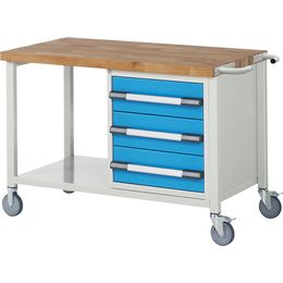 eurokraft pro Fahrbare Werkbank Serie 8000, Gestellbauweise, 3 Schubladen, Ablageboden, BxT 1250 x 700 mm