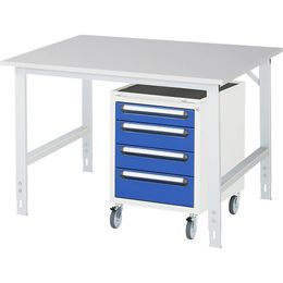 Arbeitstisch mit Schubladenschrank, Roll-Container mit 4 Schubladen 1 x 90, 2 x 120, 1 x 140 mm, BxT 1250 x 1000 mm, M-Platte, Stärke 22 mm kaiserkraft