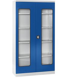eurokraft pro Materialschrank, Tiefe 450 mm, 4 Fachböden und Sichtfenstertüren, Türen blau