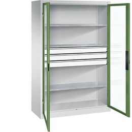 C+P Sichtfenster-Fl&uuml;gelt&uuml;rschrank, HxBxT 1950 x 1200 x 500 mm, 3 Fachb&ouml;den, 3 Schubladen, lichtgrau / resedagr&uuml;n