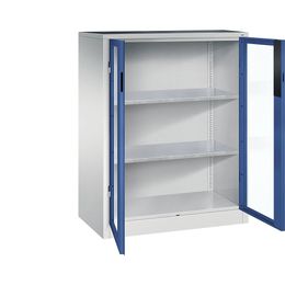C+P Sichtfenster-Flügeltürschrank, HxBxT 1200 x 930 x 500 mm, 2 Fachböden, lichtgrau / enzianblau