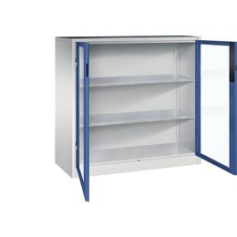 C+P Sichtfenster-Fl&uuml;gelt&uuml;rschrank, HxBxT 1200 x 1200 x 500 mm, 2 Fachb&ouml;den, lichtgrau / enzianblau
