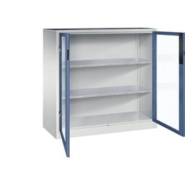 C+P Sichtfenster-Fl&uuml;gelt&uuml;rschrank, HxBxT 1200 x 1200 x 500 mm, 2 Fachb&ouml;den, lichtgrau / fernblau