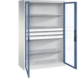 C+P Sichtfenster-Flügeltürschrank, HxBxT 1950 x 1200 x 500 mm, 3 Fachböden, 3 Schubladen, lichtgrau / fernblau