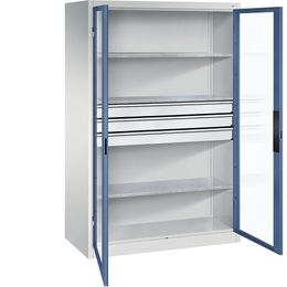 C+P Sichtfenster-Flügeltürschrank, HxBxT 1950 x 1200 x 600 mm, 3 Fachböden, 3 Schubladen, lichtgrau / fernblau