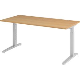 eurokraft pro ANNY - Schreibtisch mit C-Fußgestell, höhenverstellbar 650 - 850 mm, Breite 1600 mm, Buche / alusilber