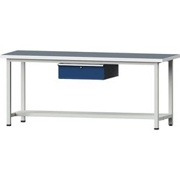 ANKE Werkbank, Gestellbauweise Serie V, 1 Schublade, 1 Ablageboden, Breite 2000 mm, Universalplatte