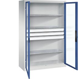 C+P Sichtfenster-Fl&uuml;gelt&uuml;rschrank, HxBxT 1950 x 1200 x 500 mm, 3 Fachb&ouml;den, 3 Schubladen, lichtgrau / enzianblau
