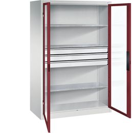 C+P Sichtfenster-Flügeltürschrank, HxBxT 1950 x 1200 x 600 mm, 3 Fachböden, 3 Schubladen, lichtgrau / rubinrot