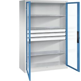 C+P Sichtfenster-Fl&uuml;gelt&uuml;rschrank, HxBxT 1950 x 1200 x 500 mm, 3 Fachb&ouml;den, 3 Schubladen, lichtgrau / lichtblau