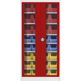 Mauser Sichtfenster-Fl&uuml;gelt&uuml;renschrank, mit 32 Sichtlagerk&auml;sten, lichtgrau / feuerrot