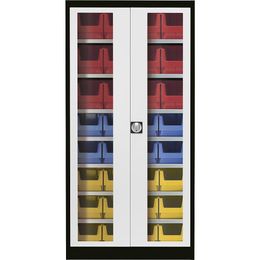 Mauser Sichtfenster-Fl&uuml;gelt&uuml;renschrank, mit 32 Sichtlagerk&auml;sten, graphitschwarz / lichtgrau