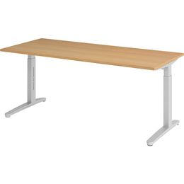 eurokraft pro ANNY - Schreibtisch mit C-Fußgestell, höhenverstellbar 650 - 850 mm, Breite 1800 mm, Buche / alusilber