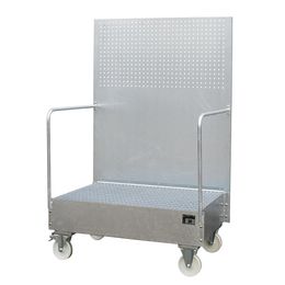 eurokraft pro Fahrbare Auffangwanne mit Lochplattenwand, 2 x 200-l-Fass stehend nebeneinander, LxBxH 870 x 1290 x 2015 mm, feuerverzinkt