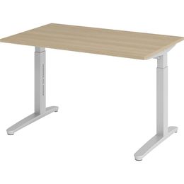 eurokraft pro ANNY - Schreibtisch mit C-Fußgestell, höhenverstellbar 650 - 850 mm, Breite 1200 mm, Eiche / alusilber