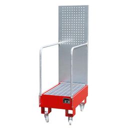 eurokraft pro Fahrbare Auffangwanne mit Lochplattenwand, 2 x 60-l-Fass stehend hintereinander, LxBxH 875 x 500 x 1685 mm, feuerrot