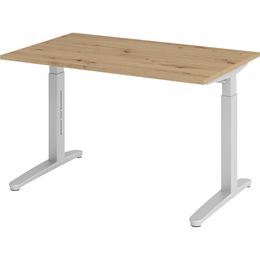 eurokraft pro ANNY - Schreibtisch mit C-Fußgestell, höhenverstellbar 650 - 850 mm, Breite 1200 mm, Asteiche / alusilber